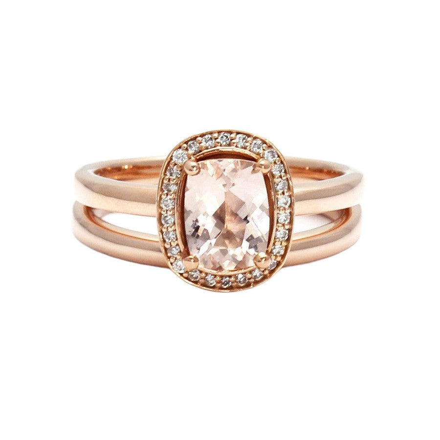 Morganite Cushion Cut Engagement Ring Diamond Halo Wedding Set | Rare Earth Jewelry