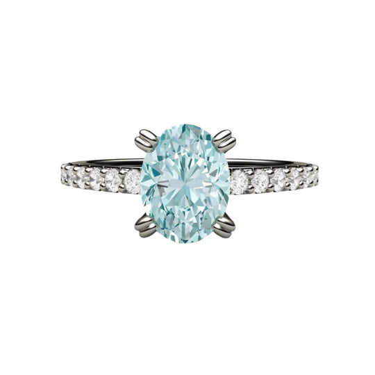 Oval Aquamarine Solitaire Engagement Ring Pave Diamonds & Double Prongs