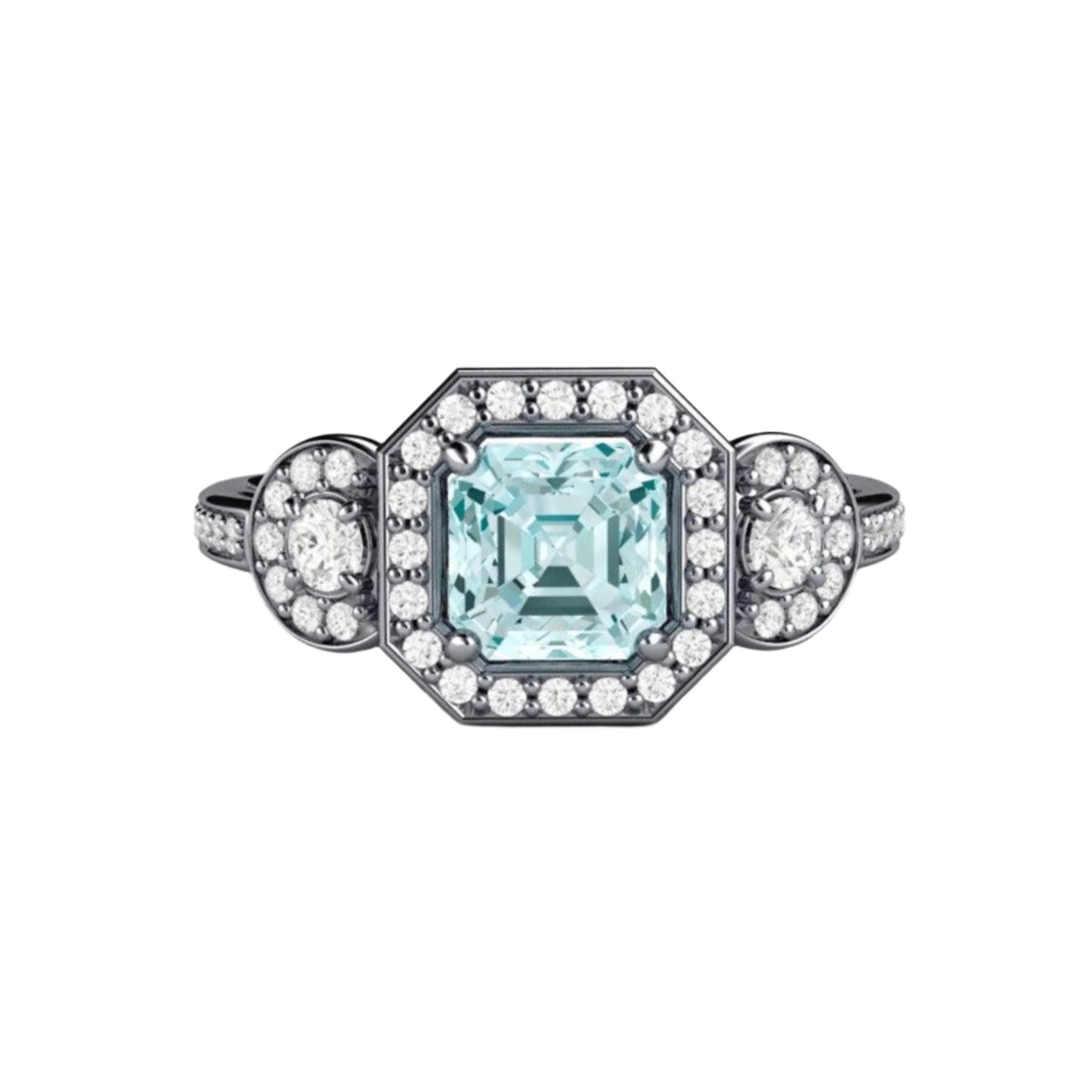 Asscher Cut Aquamarine Engagement Ring | 3 Stone Diamond Halo