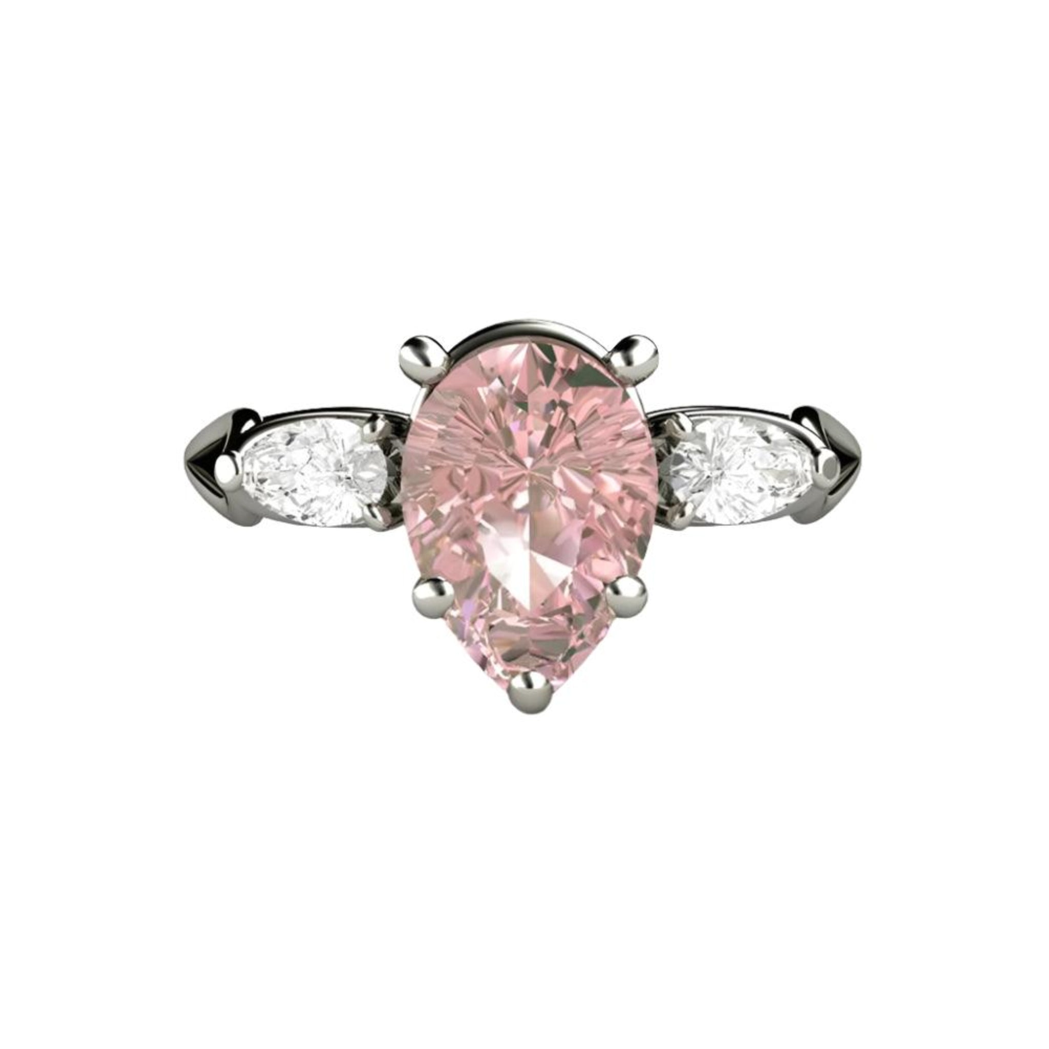 Pink Moissanite Engagement Ring | Pear Cut 3 Stone Ring in Gold or Platinum