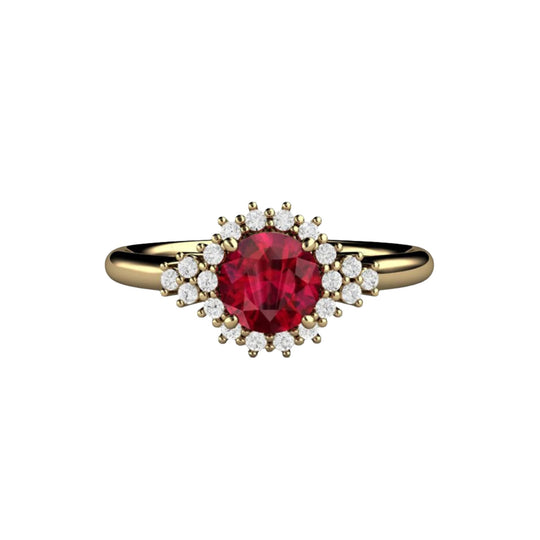 Vintage Ruby Engagement Ring with Diamond Halo | Round Ruby Cluster Ring